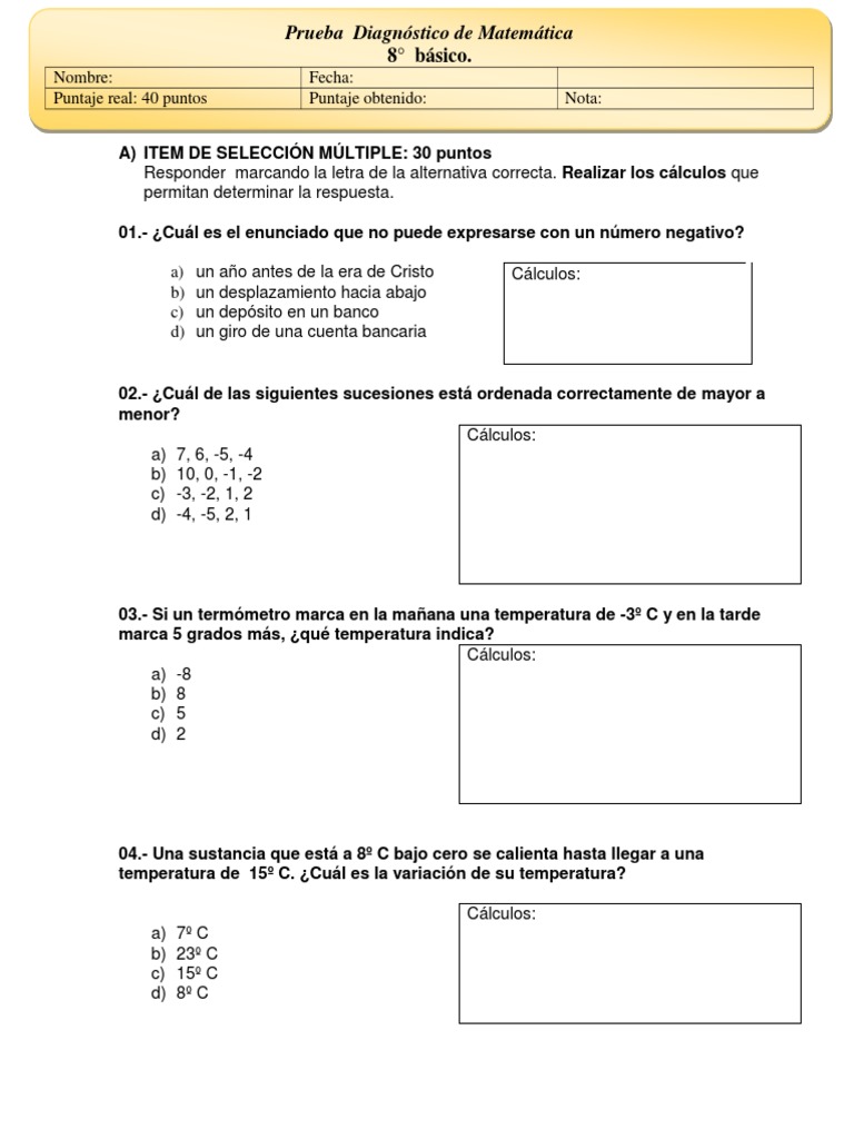 Prueba Diagnostico Matematica 8vo