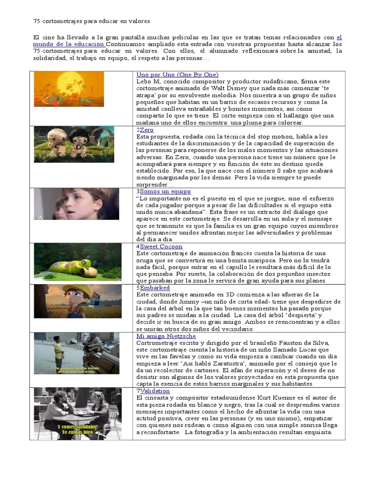 75 Cortometrajes Para Educar En Valores Pdf Pixar Senegal