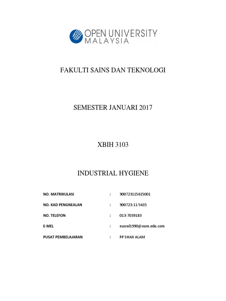 XBIH 3103 Industrial Hygiene (Assignment) | PDF