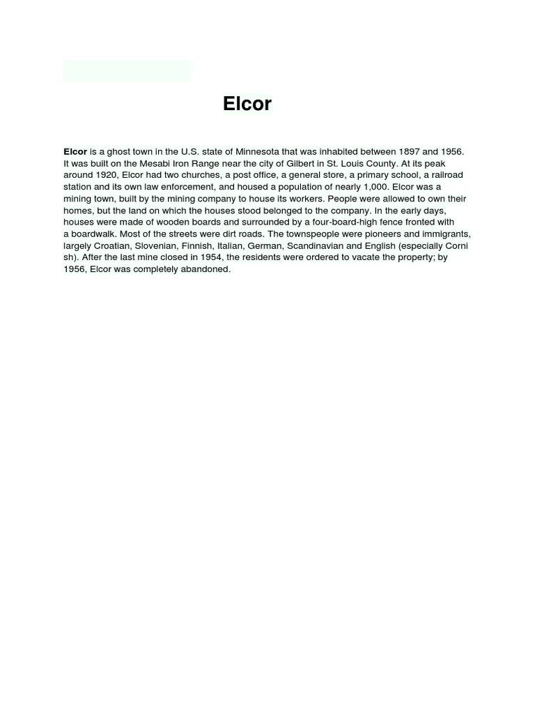 History of Elcor, Minnesota Ghost Town | PDF | Travel