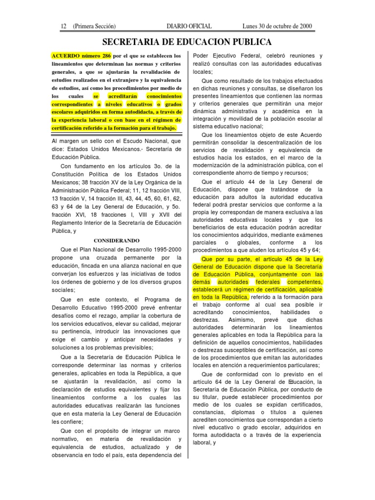 Acuerdo 286 Diario Oficial de La Federación | PDF | Educación ...