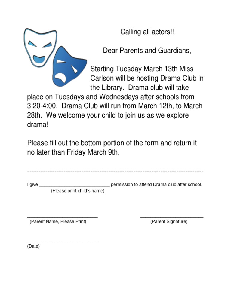 Drama Club Permission Slip Template | PDF | Poetry