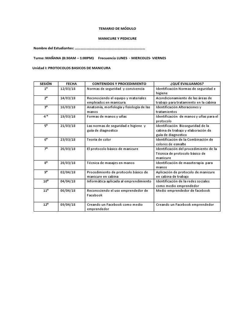 TEMARIO de MÓDULO Manicure y Pedicure | PDF | Clavo (anatomía) | Acero