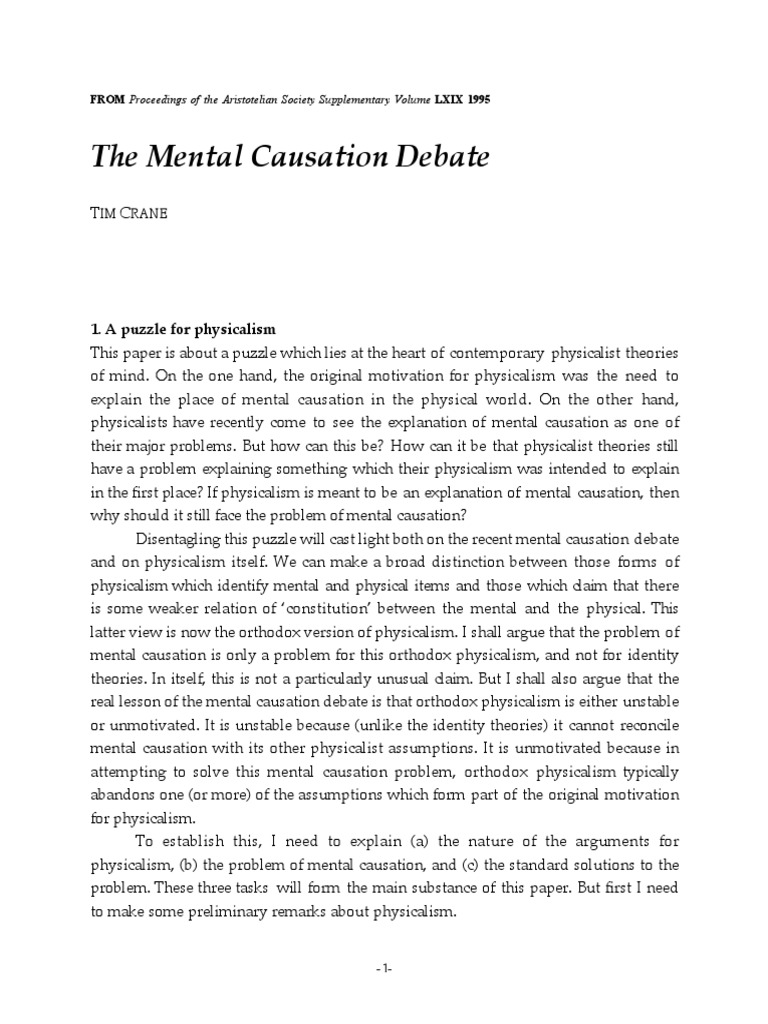 Tim Crane - The Mental Causation Debate PDF | PDF | Causality | Reductionism