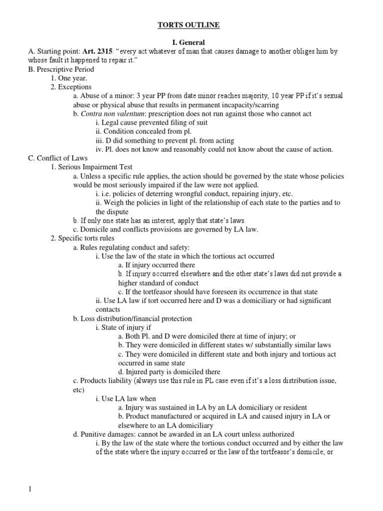 Louisiana Torts Law Outline | PDF | Negligence | Tort