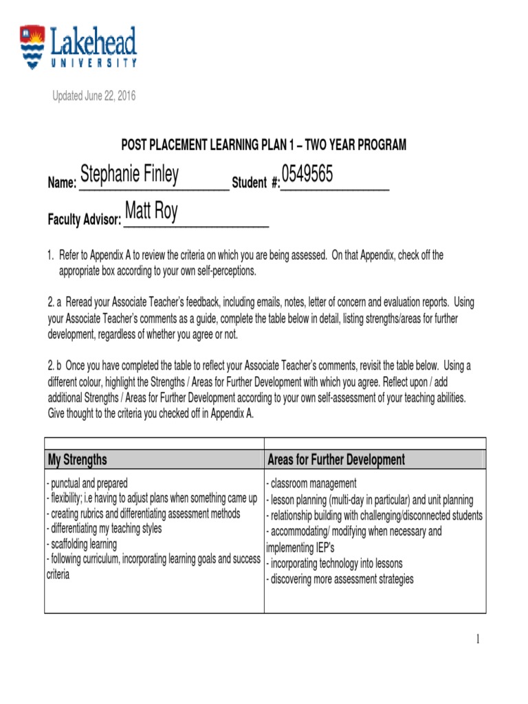 Post Placement Learning Goals Plan | PDF | Educational Assessment | Goal