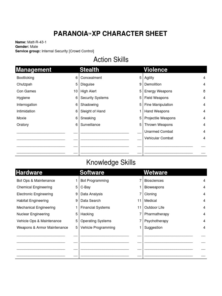 Paranoia XP Character Sheet: Action Skills | PDF