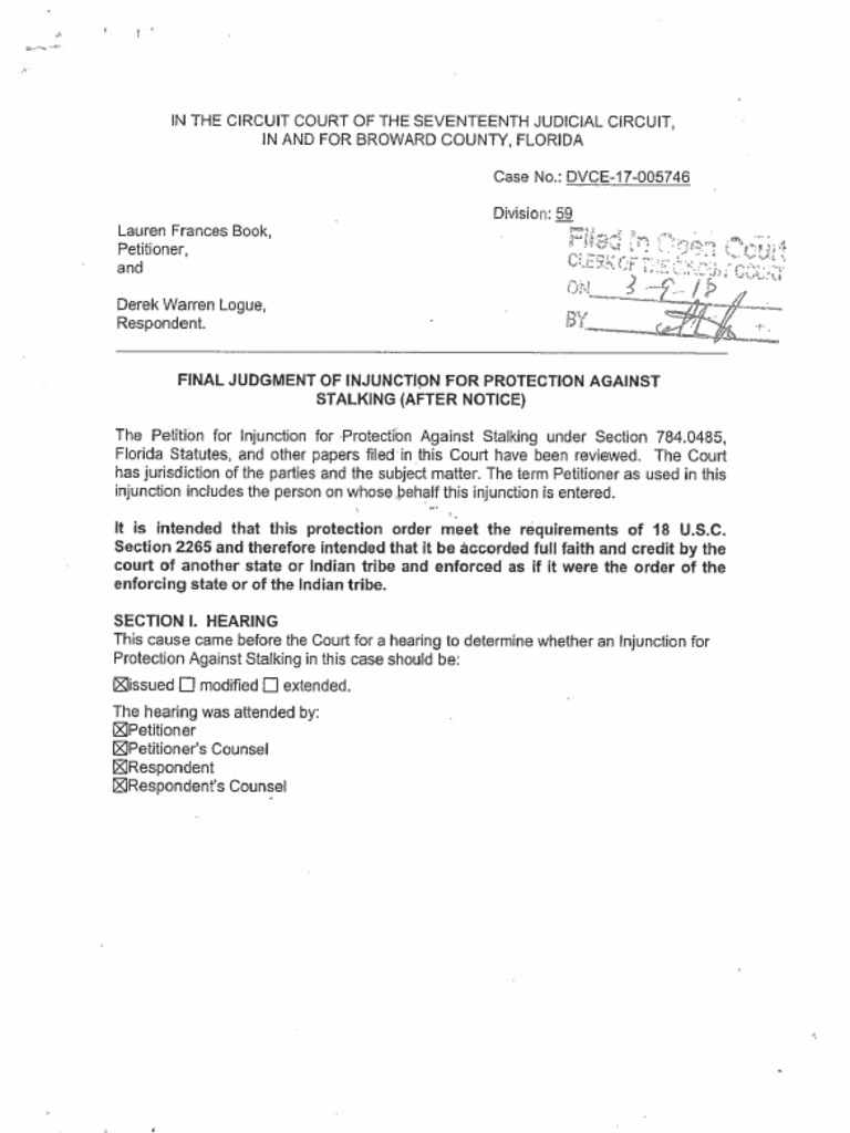 Final Judgment of Injunction For Protection Against Lauren Book's Stalker | PDF