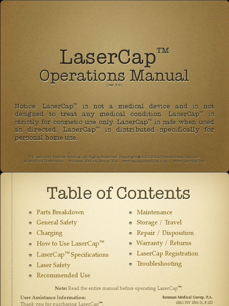 LaserCap Operations Manual Version 3.0 2014 | PDF | Laser | Battery Charger
