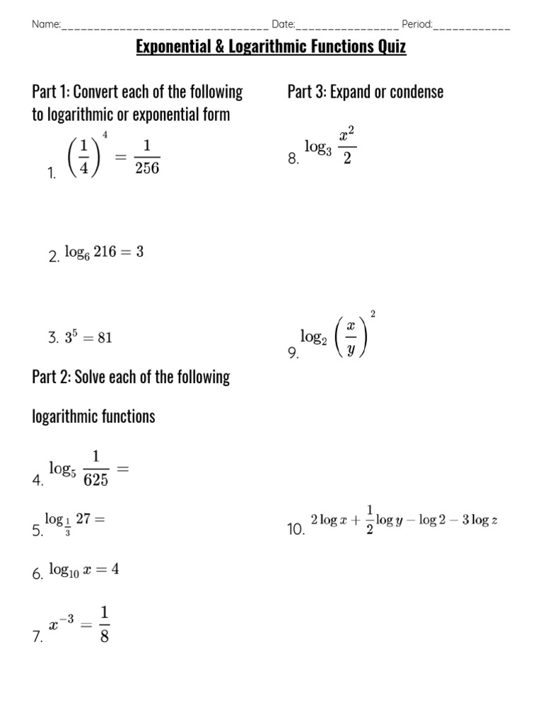 Exponential and Logarithmic Functions Quiz Worksheet | PDF