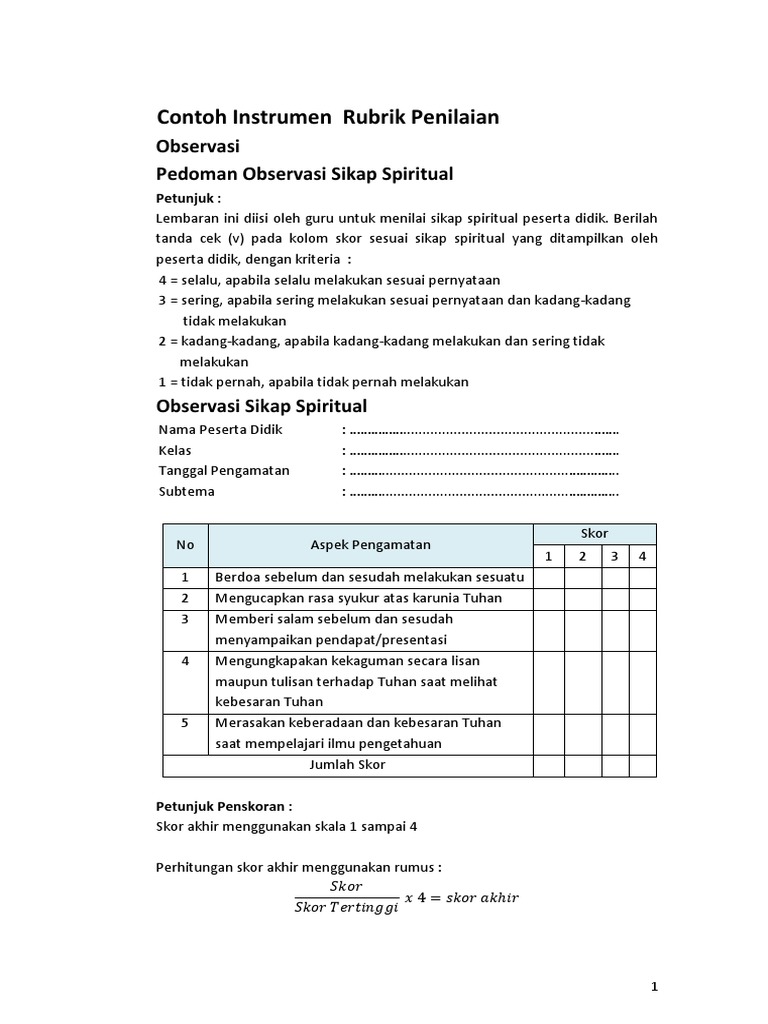 Contoh Instrumen Beserta Rubrik Penilaian | PDF