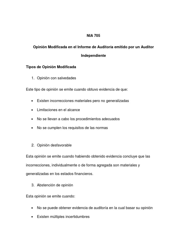 Resumen NIA 705 y 706 | PDF | Contralor | Auditoría financiera