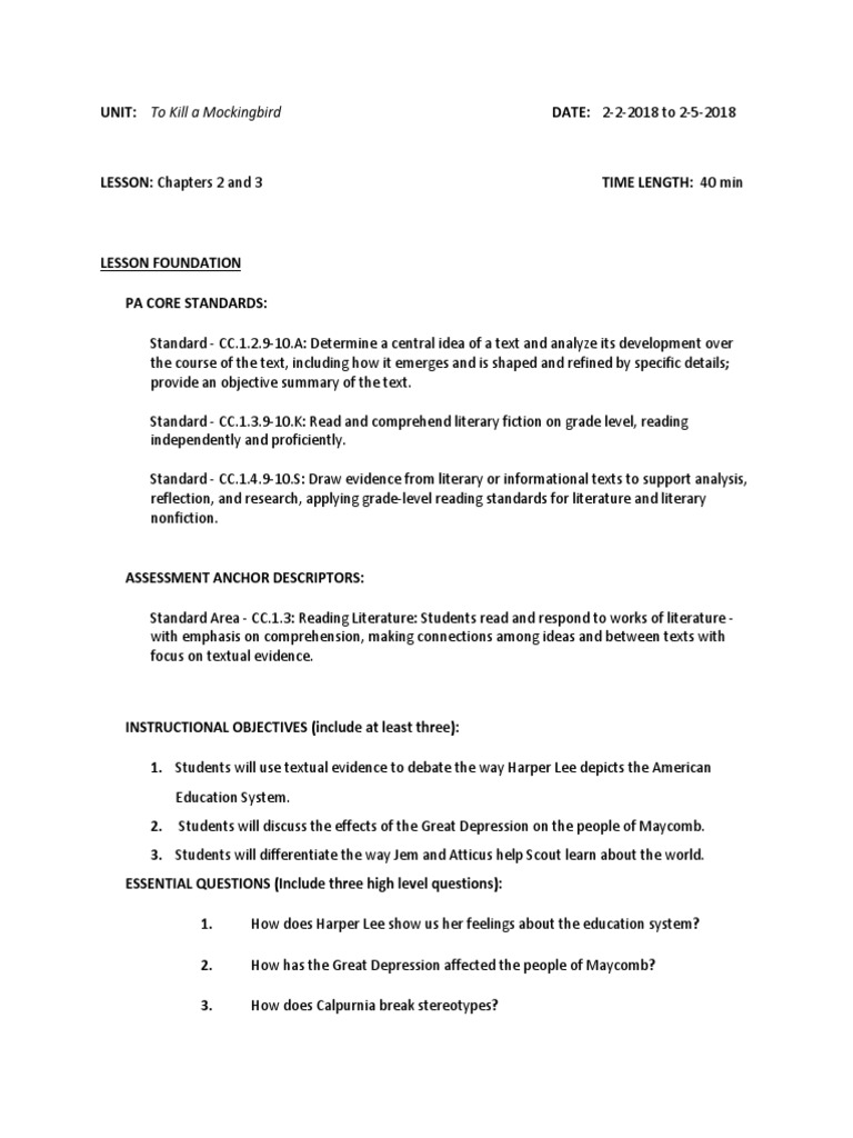 Chapter 2-3 Lesson Plan | PDF | To Kill A Mockingbird | Reading ...