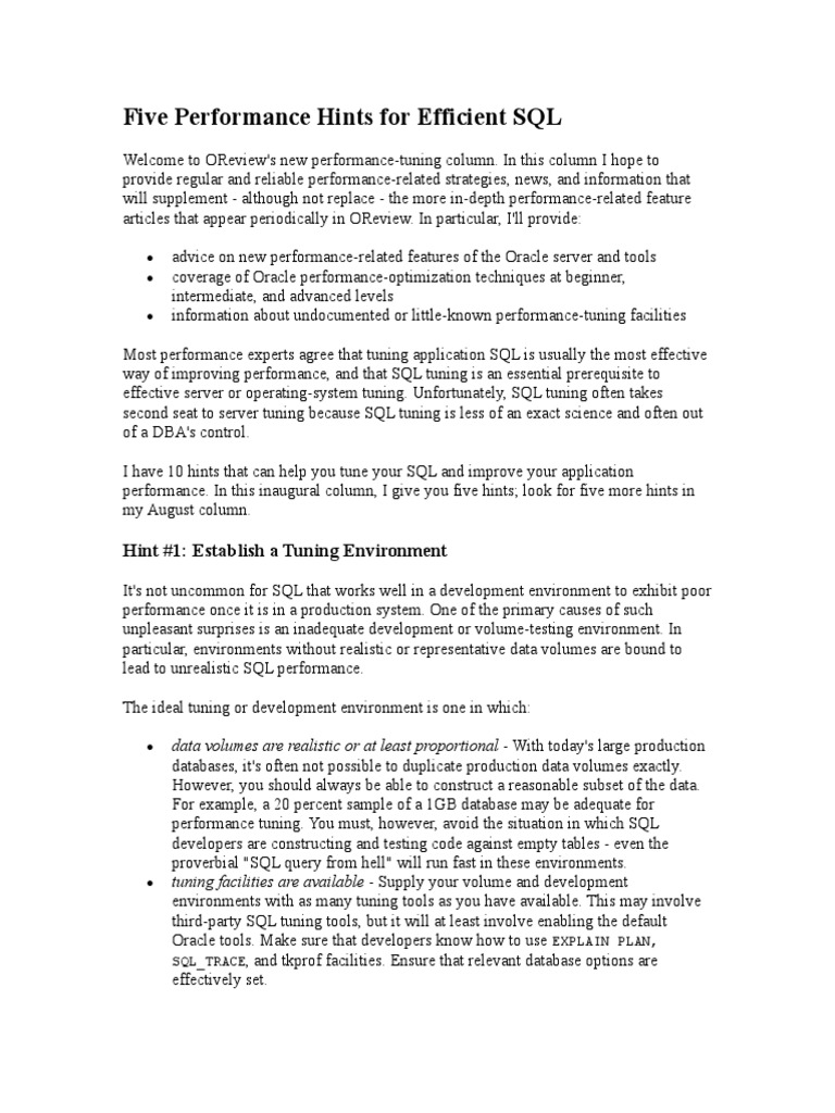 Five Performance Hints For Efficient Sql Pdf Database Index Oracle Database 