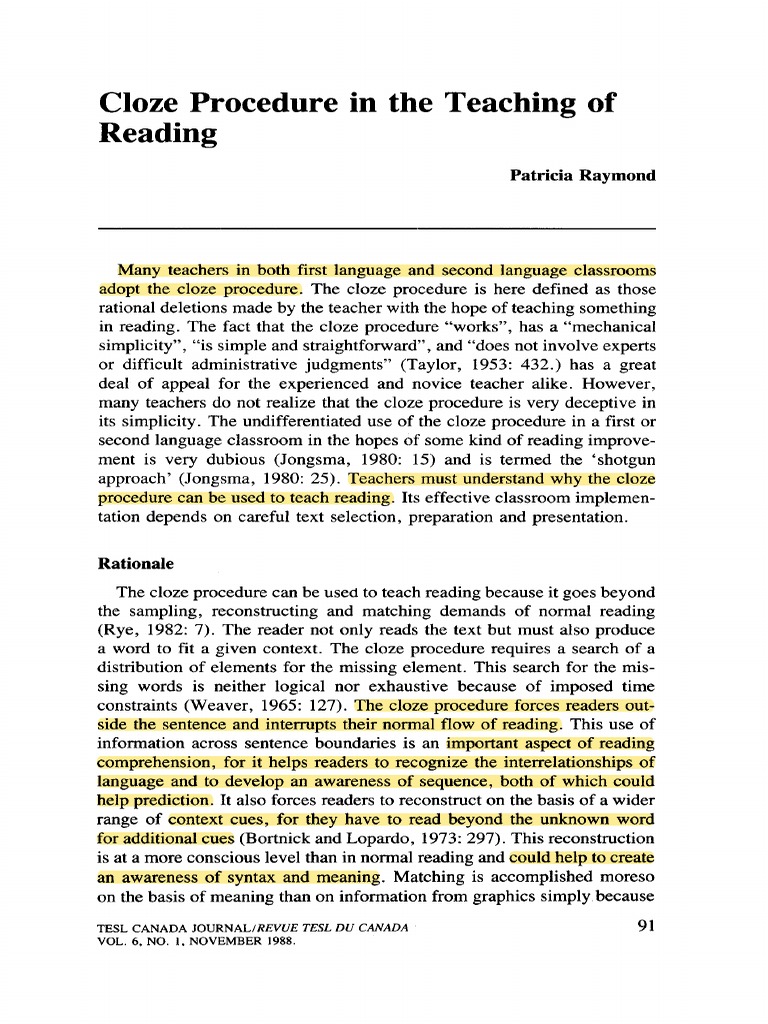 Cloze Reading Procedures | Download Free PDF | Lexical Semantics ...