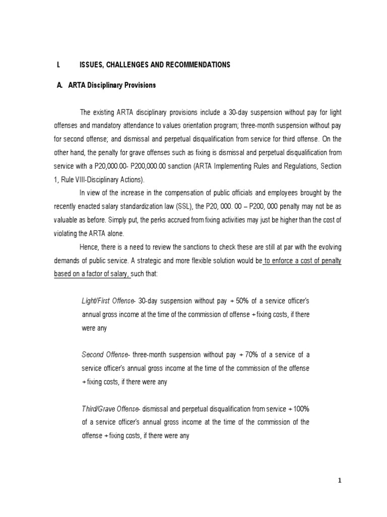 I. Issues, Challenges and Recommendations A. ARTA Disciplinary ...