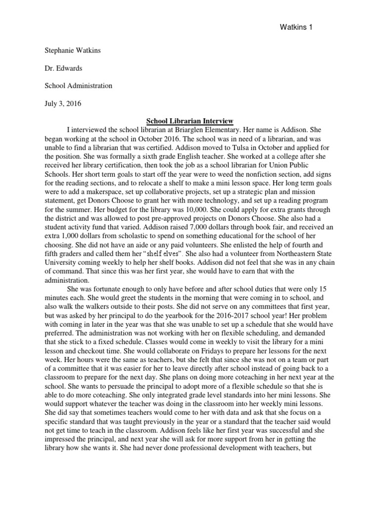 Watkins 1: School Librarian Interview | PDF | Librarian | Libraries