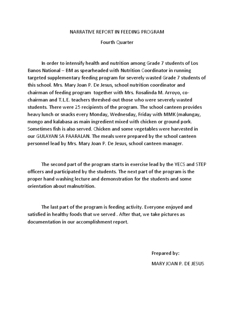 Narrative Report in Feeding Program 4thqurter | PDF | Cuisine | Eating ...