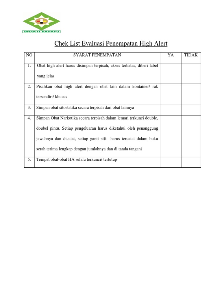 Chek List Evaluasi Penempatan High Alert | PDF