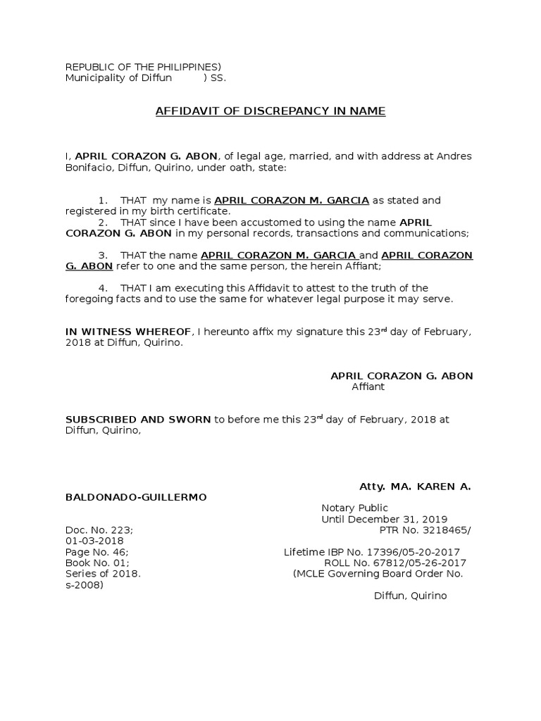 Affidavit of Discrepancy in Name | PDF