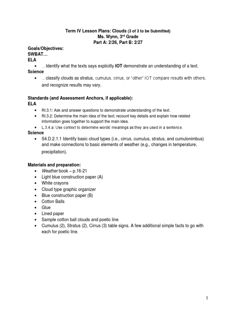 3rd Grade Cloud Lesson Plan | PDF | Cloud | Metaphor