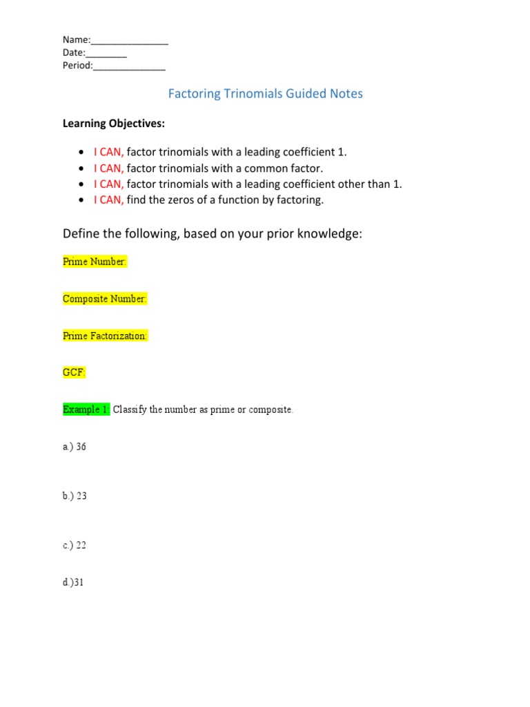 Factoring Trinomials Guided Notes Edsc 304 | PDF | Factorization ...