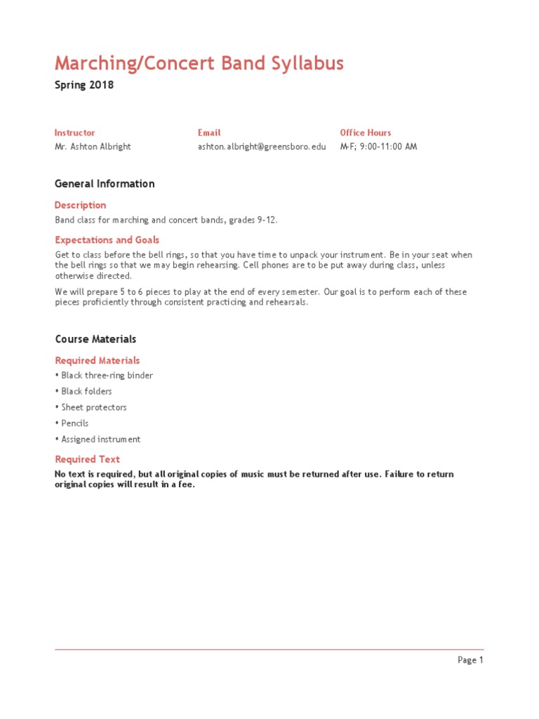Marching and Concert Band Syllabus | PDF | Language Arts & Discipline
