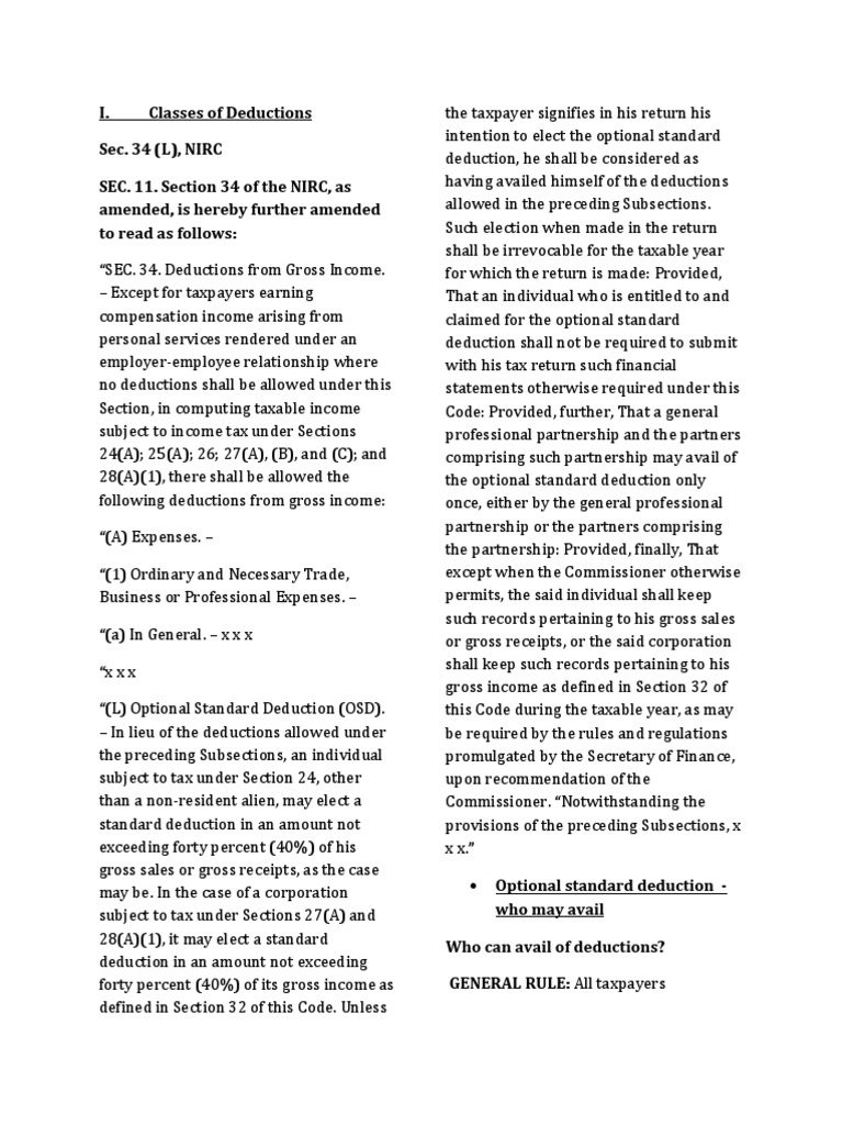 I. Classes of Deductions Sec. 34 (L), NIRC SEC. 11. Section 34 of The ...