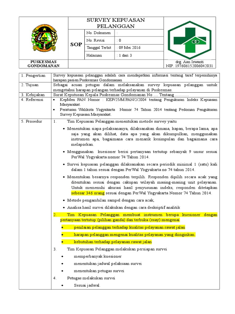 SOP Survey Kepuasan Pelanggan Puskesmas | PDF | Bisnis