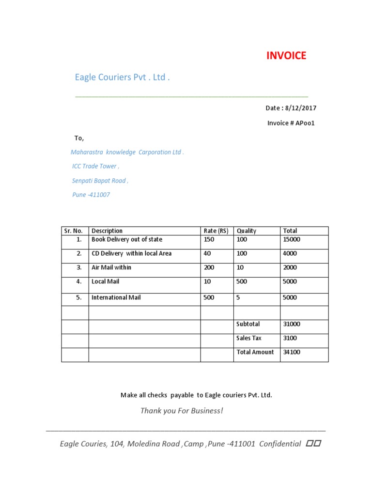 Invoice: Eagle Couriers PVT - LTD | PDF