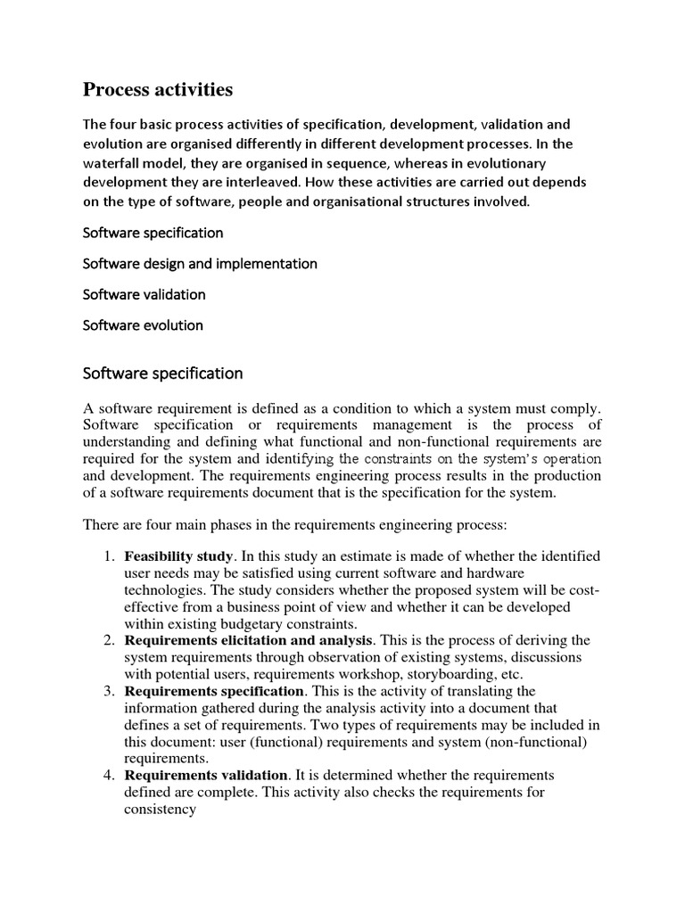 Process Activities: Software Specification Software Design and ...