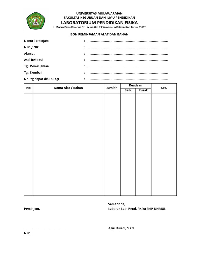Bon Peminjaman Alat Laboratorium | PDF