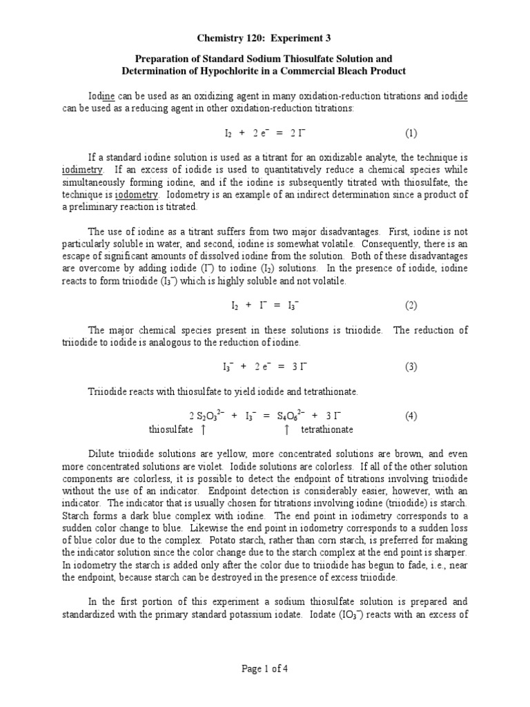 Standardizing Sodium Thiosulfate Solution | PDF | Titration | Chemistry