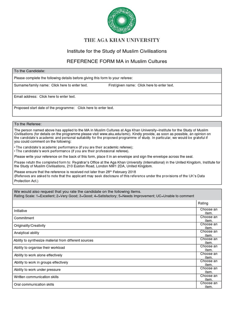Application 2018 - Reference Form Aga Khan University | PDF ...