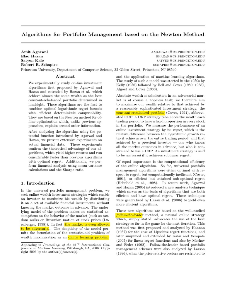 Algorithms For Portfolio Management Based On The Newton Method | PDF | Logarithm | Sharpe Ratio