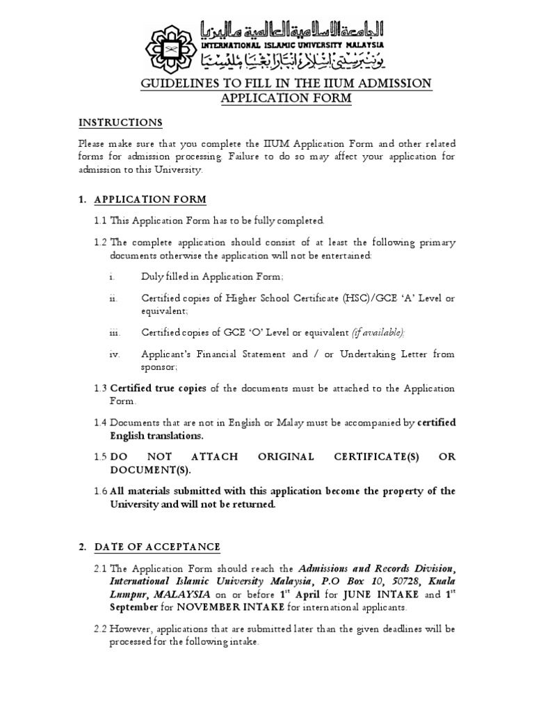 Guidelines To Fill in The Iium Admission Application Form: Instructions ...