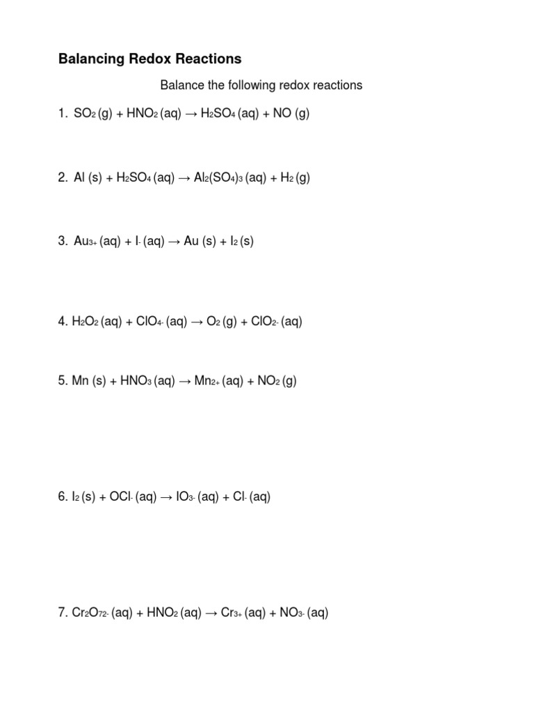 Balancing Redox Reactions Worksheet Extra | PDF | Science & Mathematics ...