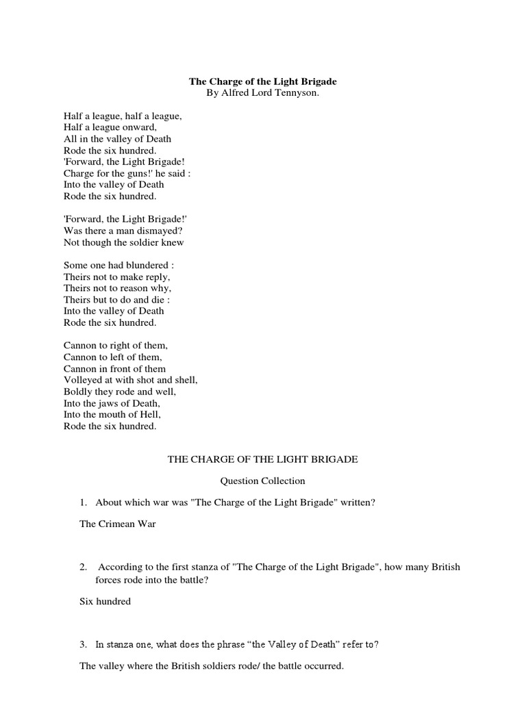 The CHARGE of The LIGHT BRIGADE A Set of Questions and Answers Teacher ...