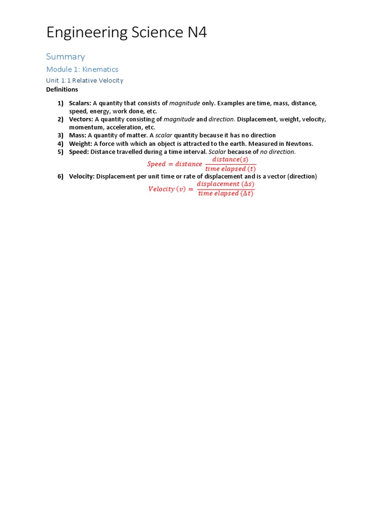 Engineering Science N4 Summary Notes | PDF | Velocity | Mechanics