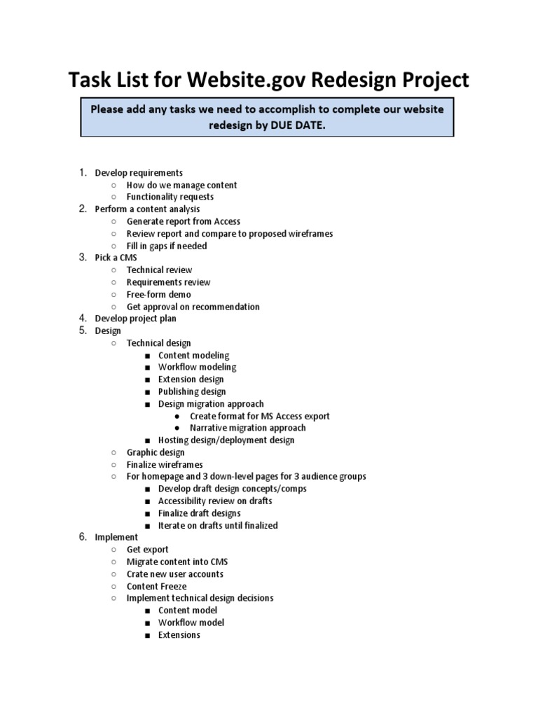 Website Redesign Project Task List | PDF