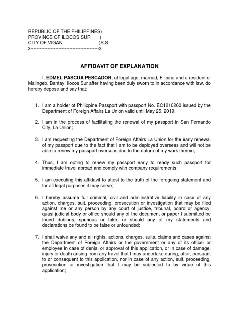 Affidavit of Explanation-early Renewal of Passport | Affidavit | Passport