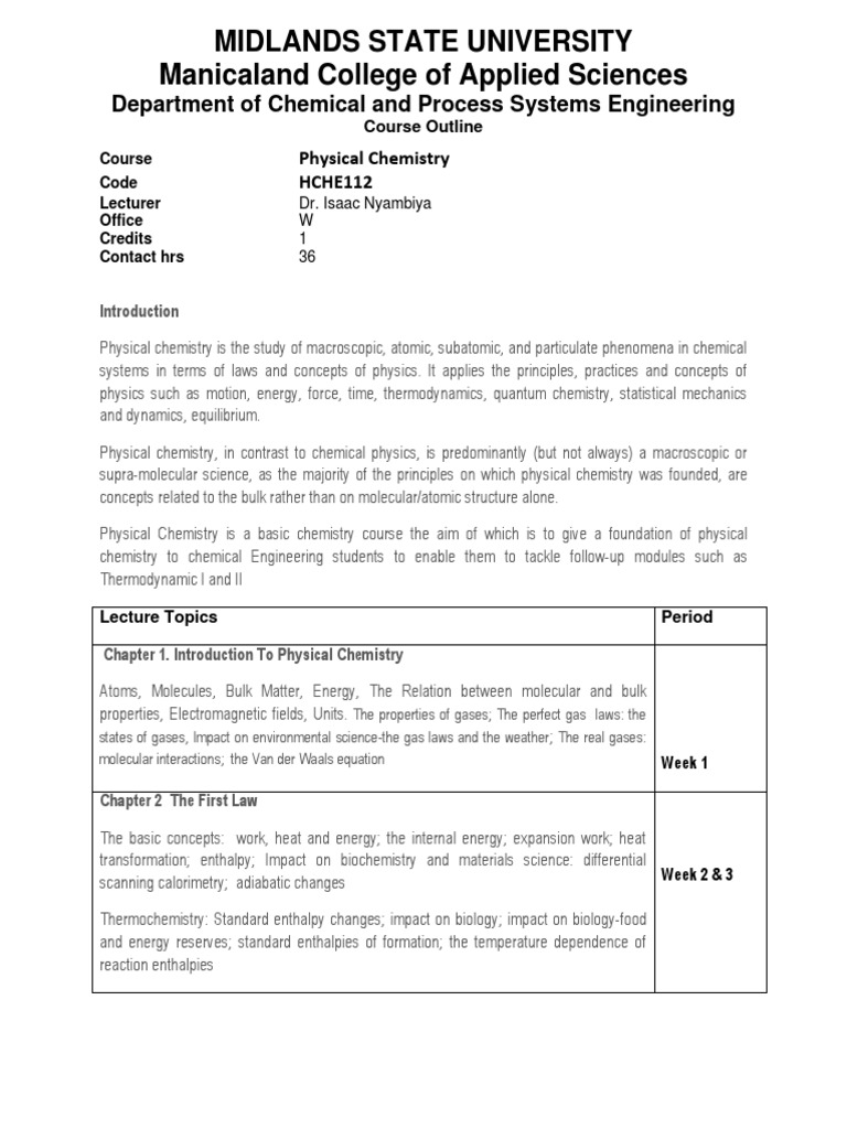 HCHE112 - Physical Chemistry Module Course Outline | PDF | Physical ...