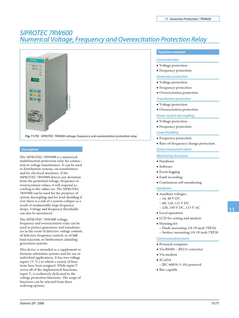 Siprotec 7Rw600 Numerical Voltage, Frequency and Overexcitation ...