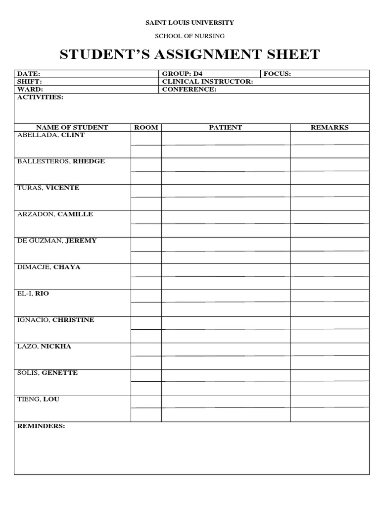 Student'S Assignment Sheet: Date: Group: D4 Focus: Shift: Clinical ...