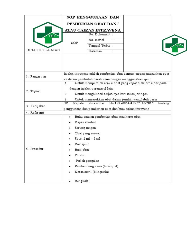 Sop Penggunaan Dan Pemberian Obat Dan Atau Cairan Intravena | PDF
