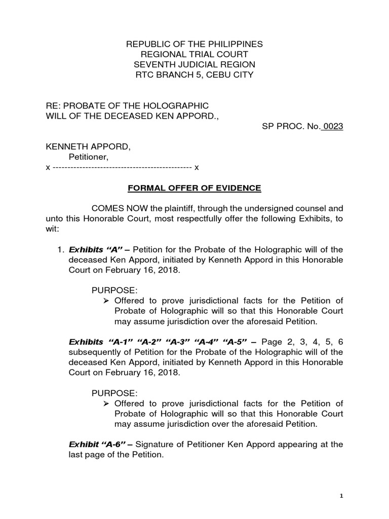 Formal Offer of Evidence | PDF | Will And Testament | Virtue