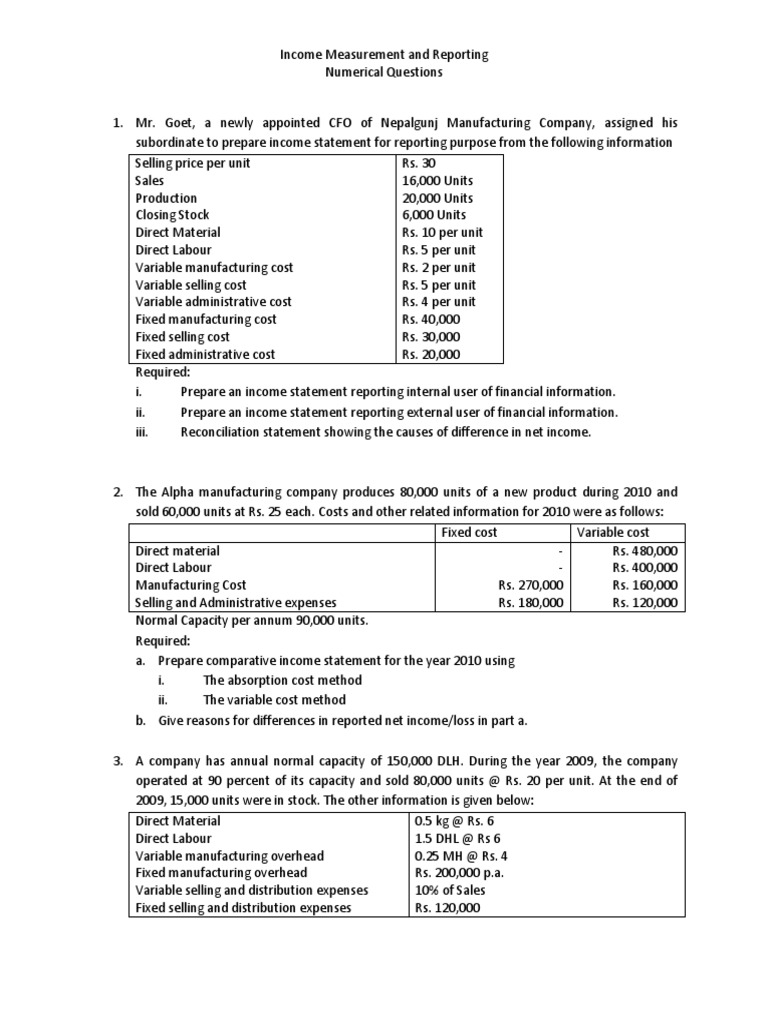 Income Statement Numerical Questions | PDF | Income Statement | Cost Of ...