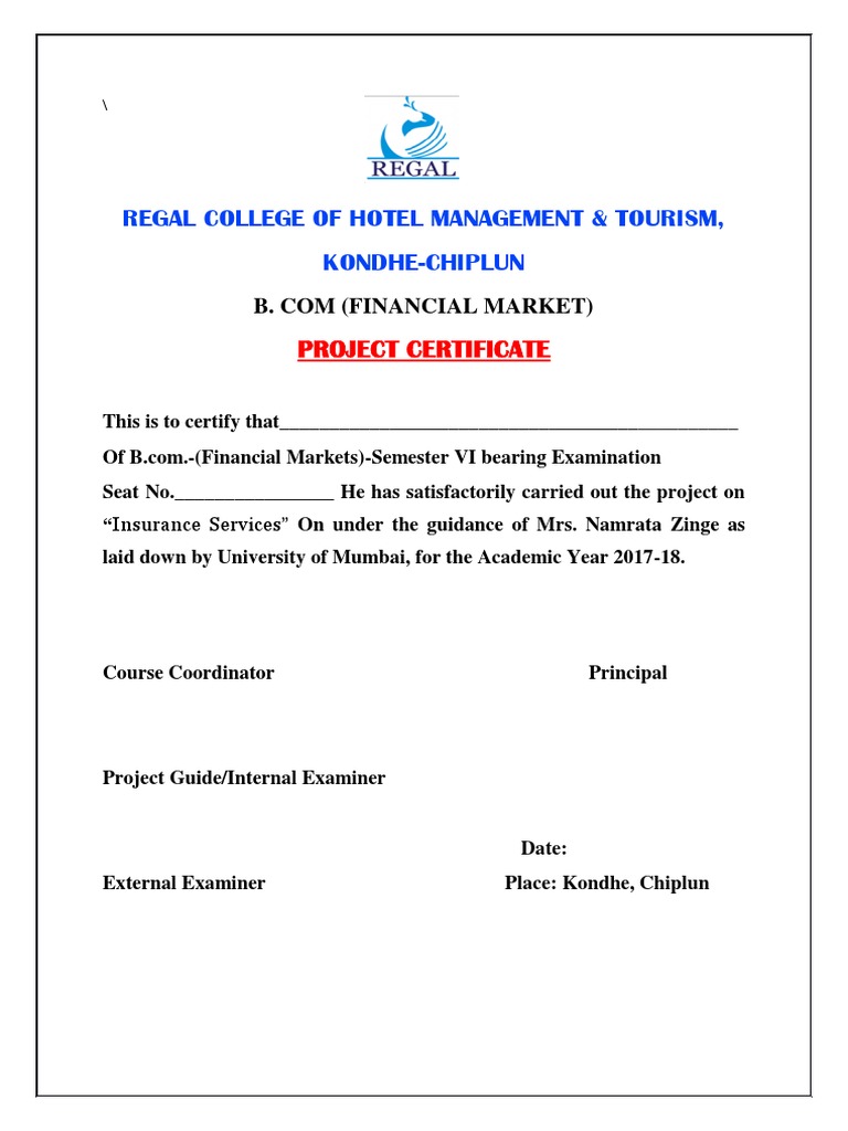 Regal College of Hotel Management & Tourism, Kondhe-Chiplun: Project ...