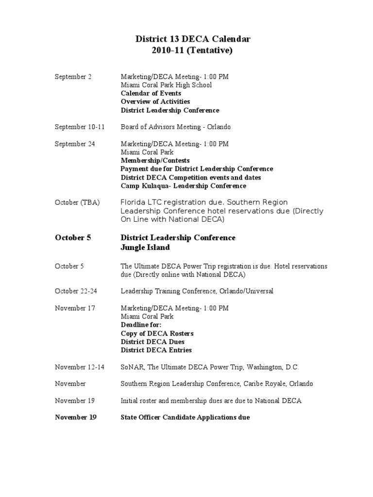 2010-11 District 13 DECA Calendar - Tentative | PDF | Business