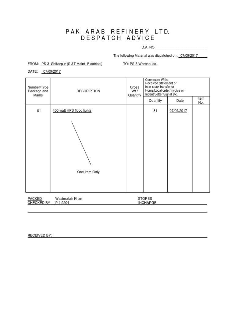Pak Arab Refinery Ltd. Despatch Advice | PDF
